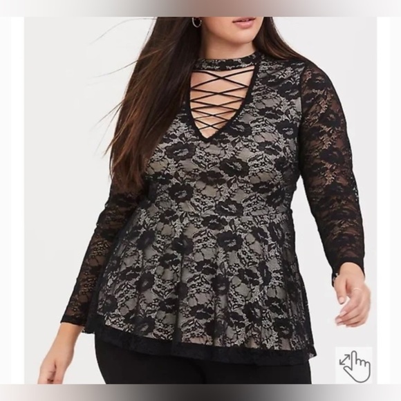 torrid | Tops | Torrid Lace Lattice Neckline Long Sleeve Black Peplum ...